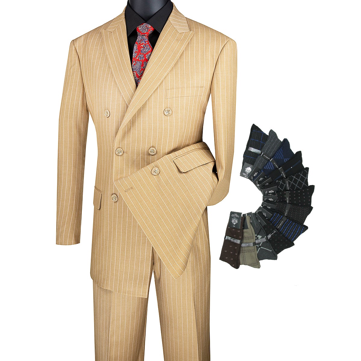 Luxurious Men's Double-Breasted Gangster Stripe Suit Camel | Triple ...