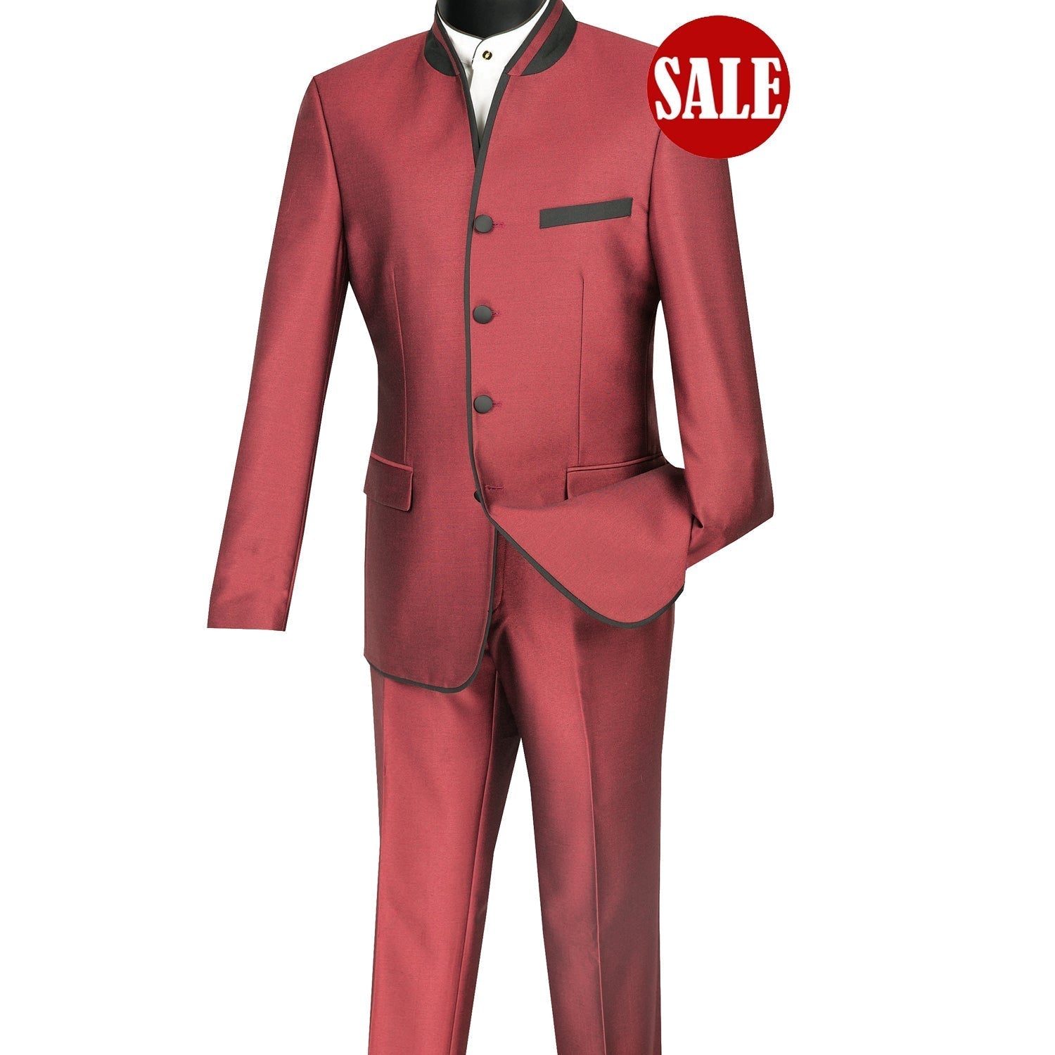 Sharkskin Slim-Fit Banded-Collar Nehru Church Suit Wine | Triple Blessings